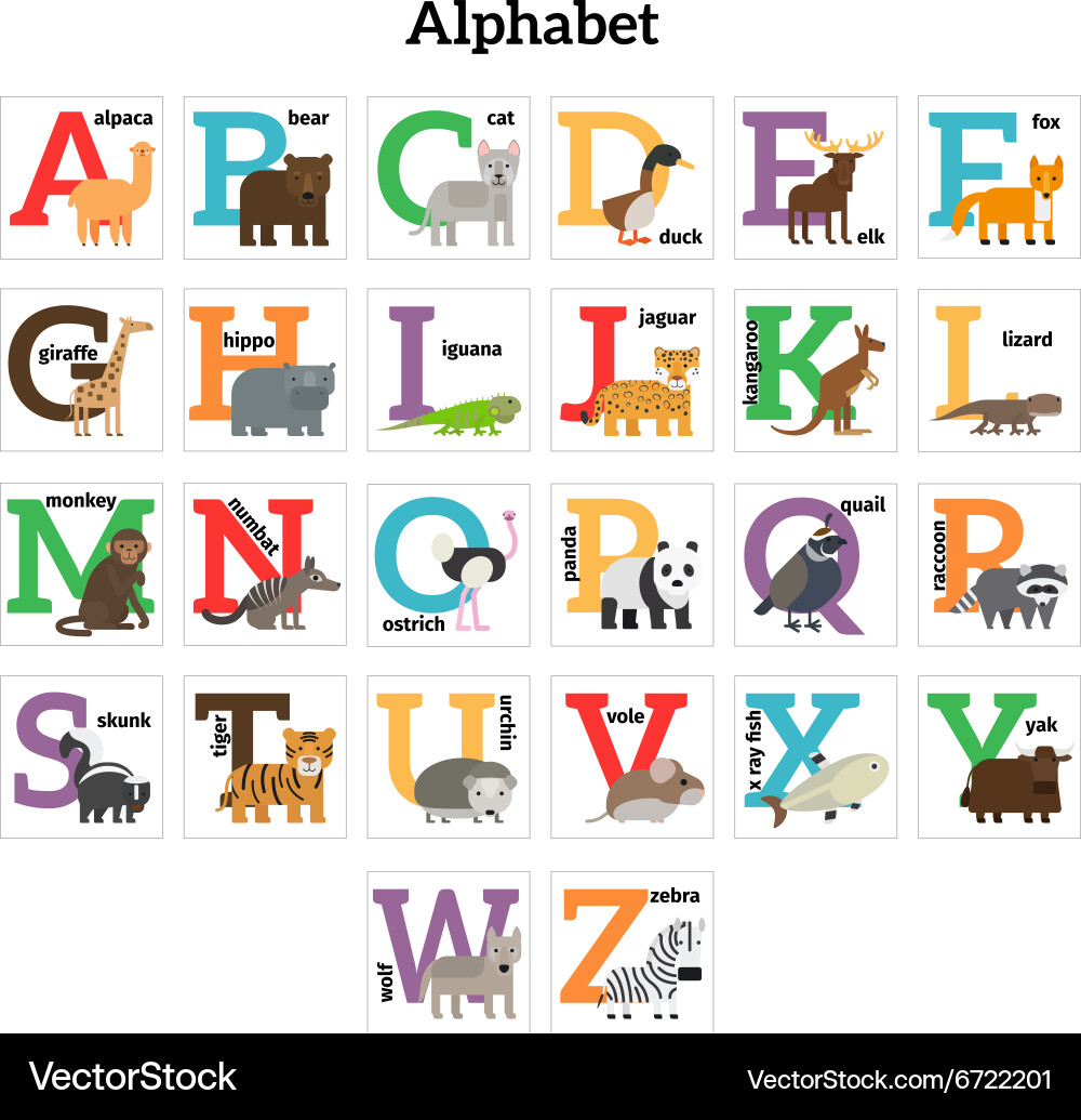 English animals zoo alphabet Royalty Free Vector Image