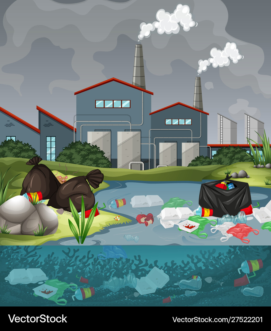 Water pollution with plastic bags in river Vector Image