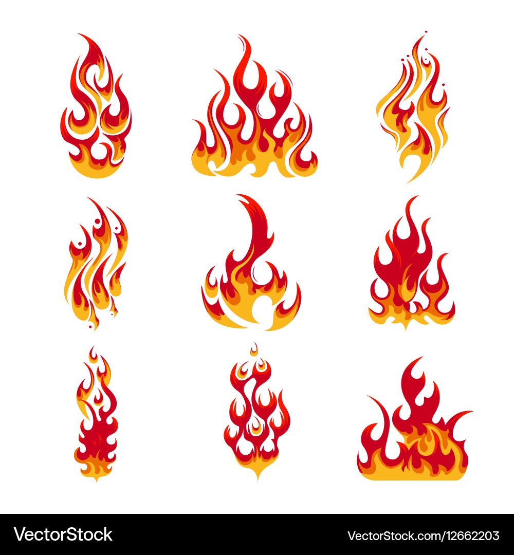 Colorful fire flames set Royalty Free Vector Image