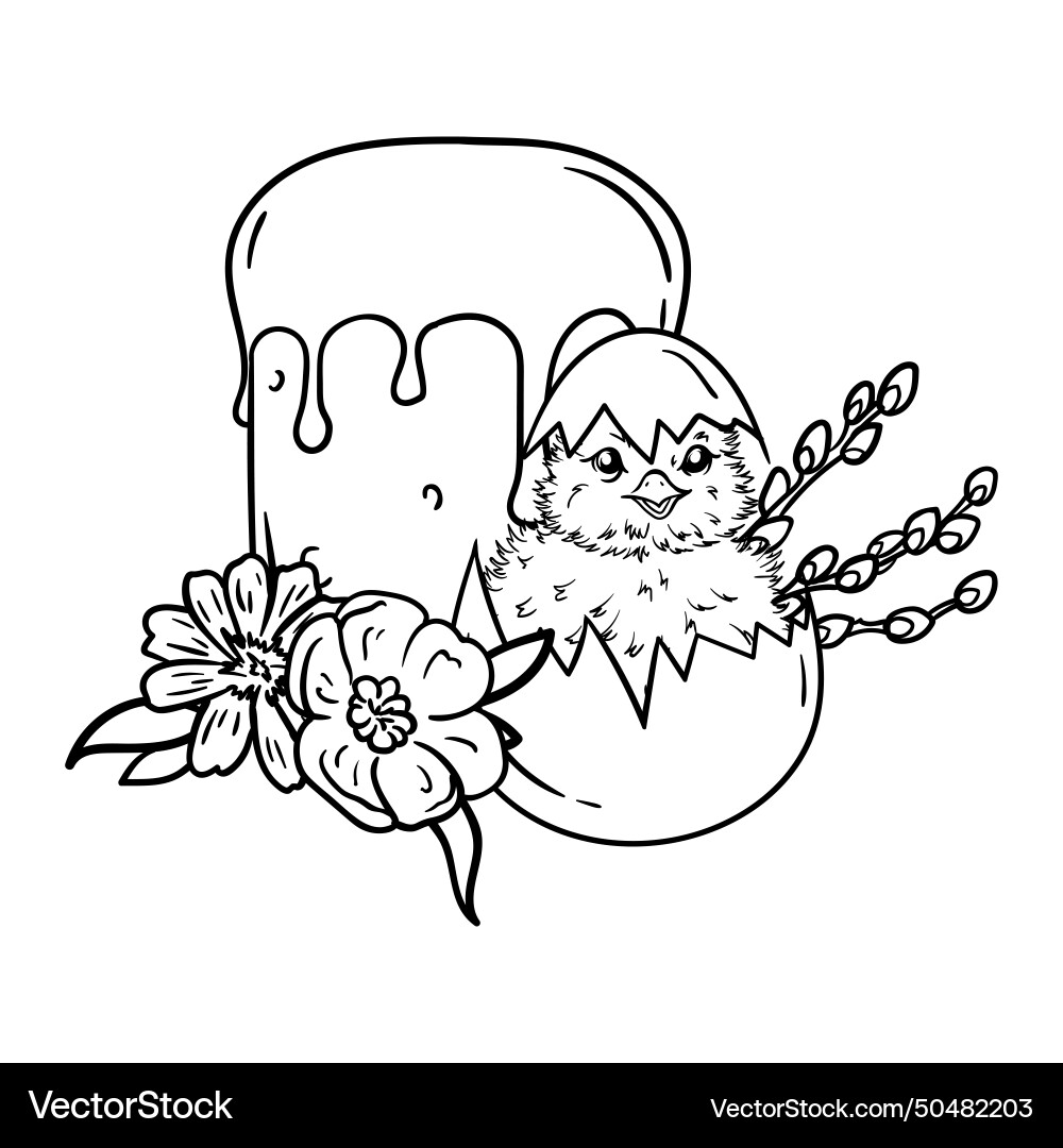 Coloring page with easter cake chick willow Vector Image