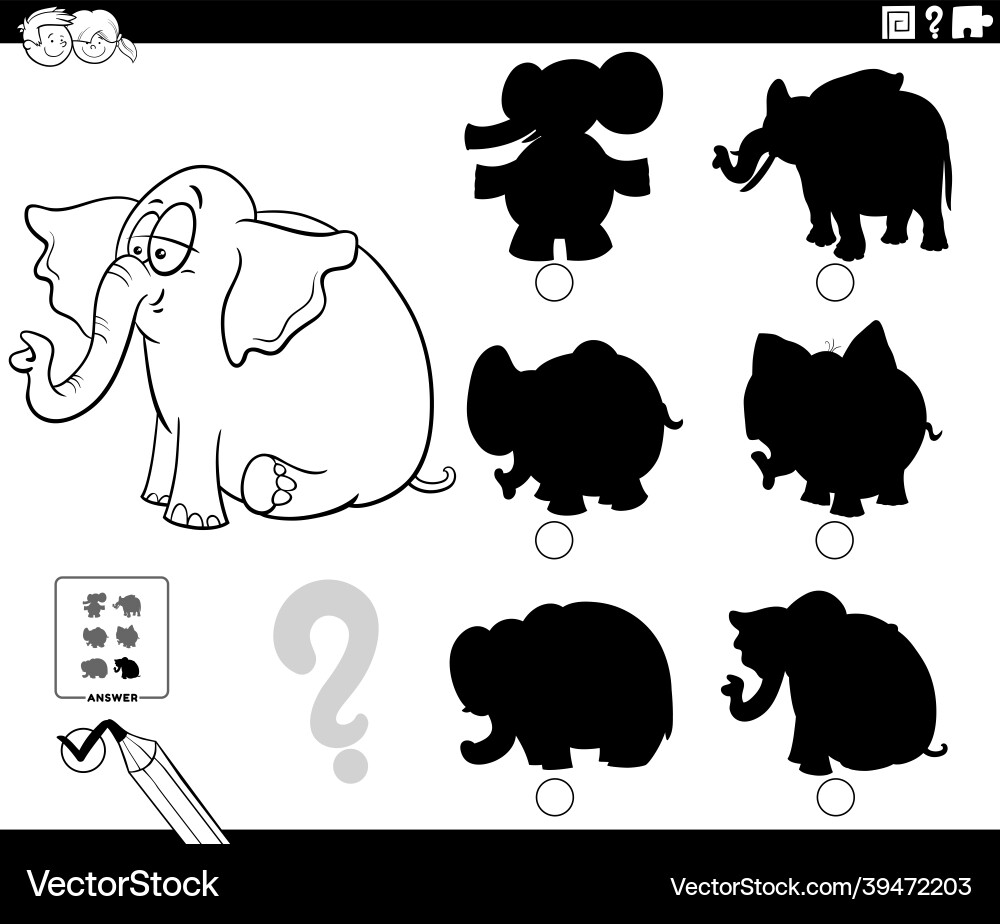 Shadows game with elephant character coloring Vector Image
