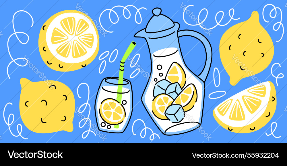 Beverage doodle set - glass of refreshing lemonade