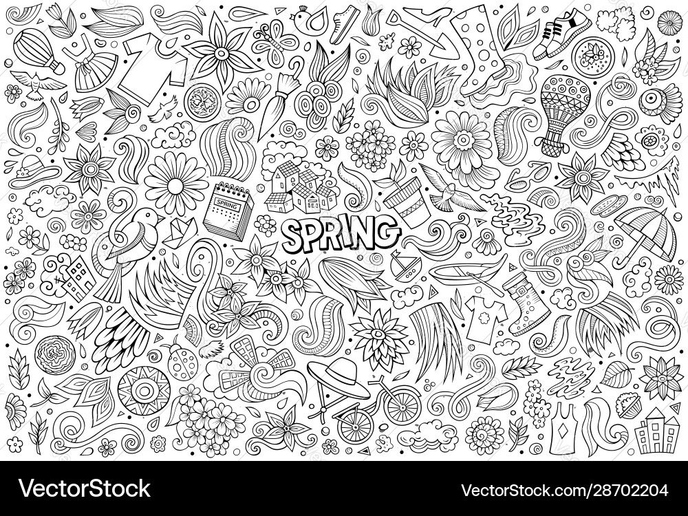 Doodle cartoon set spring objects Royalty Free Vector Image