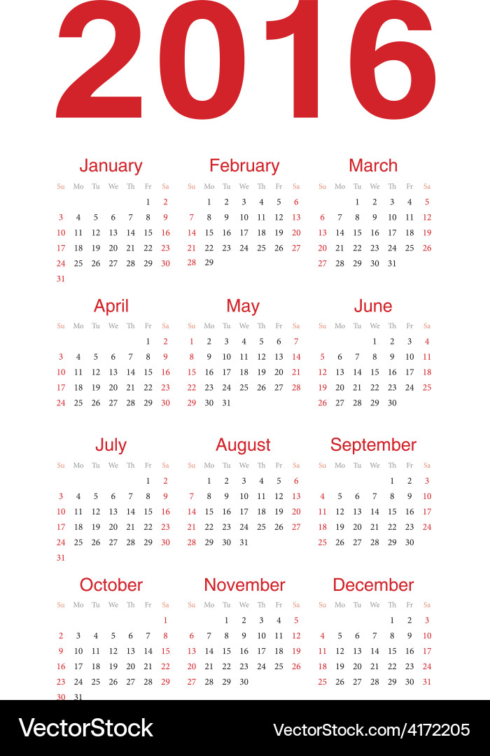 2016 Calendar - Monthly View Royalty Free Vector Image
