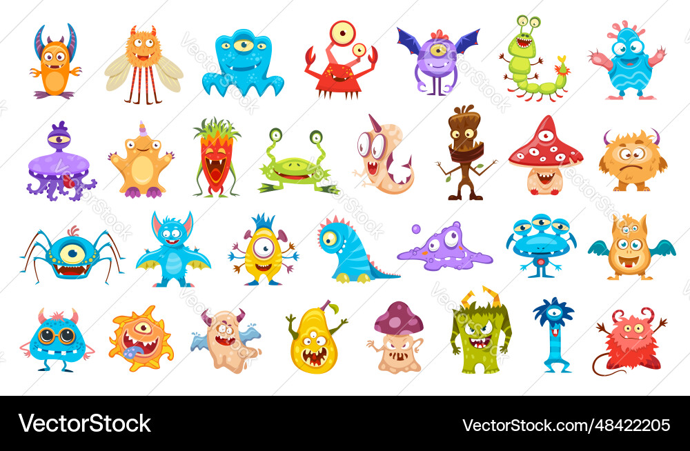 Cartoon cute funny monster creatures characters Vector Image