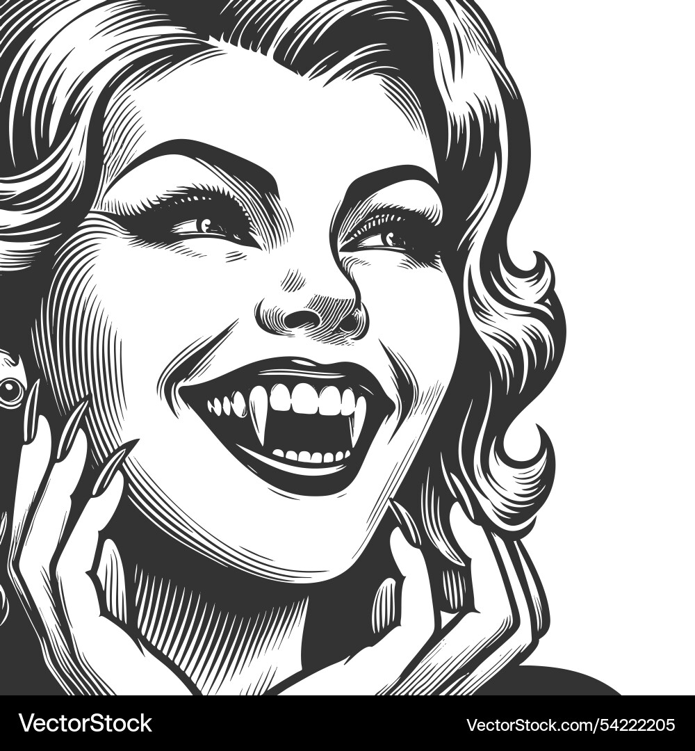 Smiling female vampire engraving sketch Royalty Free Vector