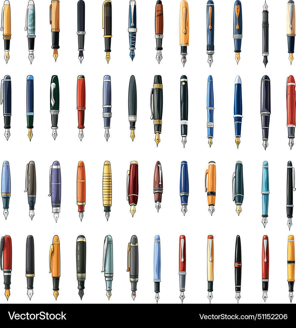 Fountain pens cartoon set ink writing Royalty Free Vector