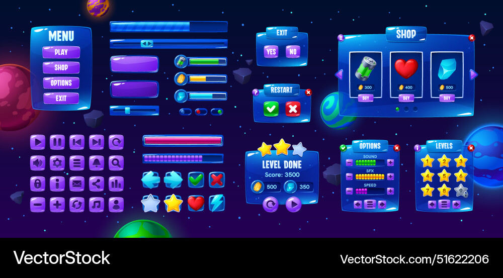 Galaxy space game interface button and panel Vector Image
