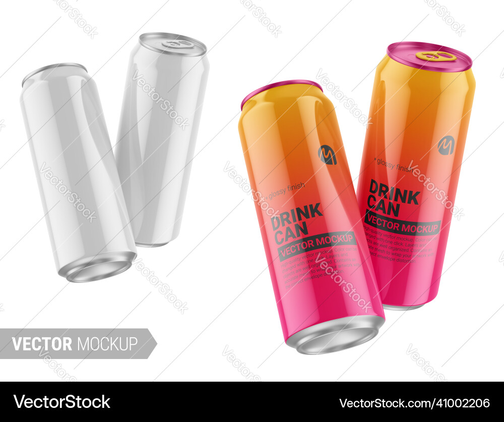 Two white glossy drink cans mockup Royalty Free Vector Image