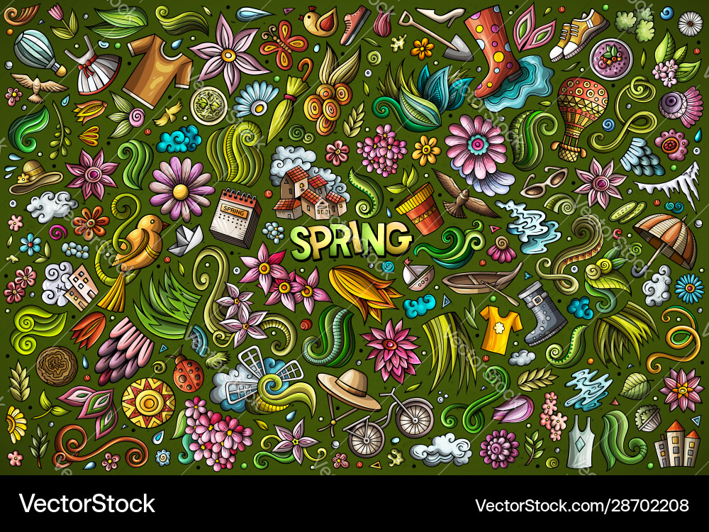 Doodle cartoon set spring objects Royalty Free Vector Image