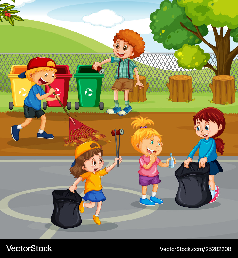 Volunteer children cleaning park Royalty Free Vector Image