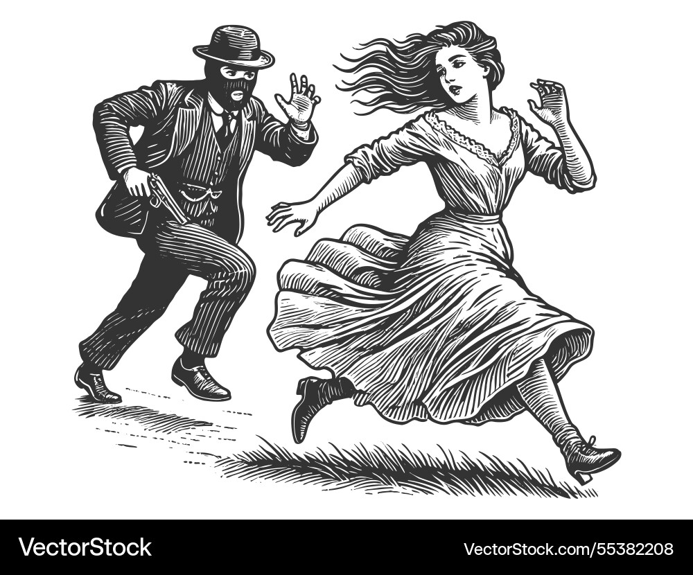 Woman fleeing attacker engraving Royalty Free Vector Image