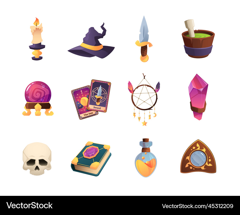 Cartoon magic items witchcraft alchemy mystery Vector Image