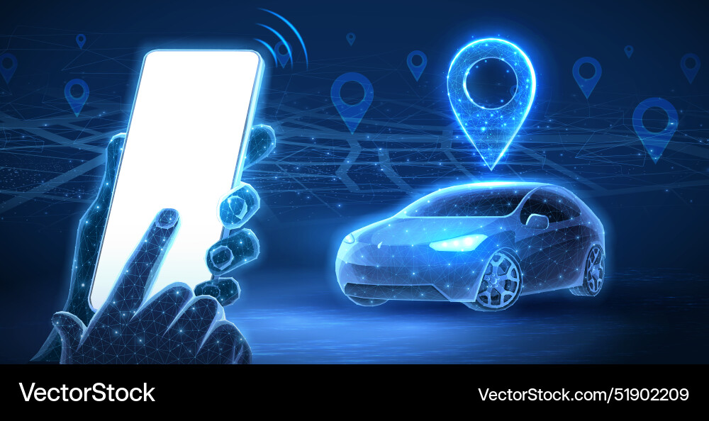 Smart car and phone in hands with blank screen Vector Image