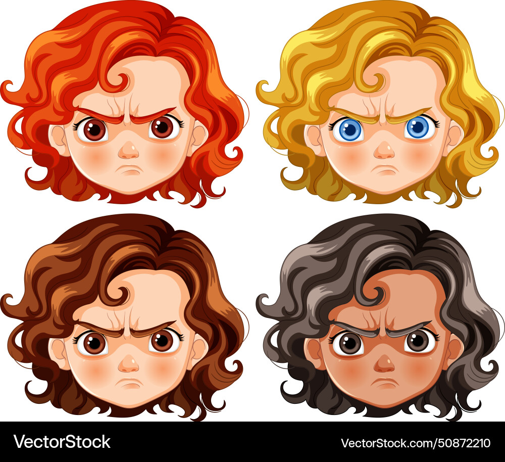 Four cartoon faces with various angry expressions Vector Image