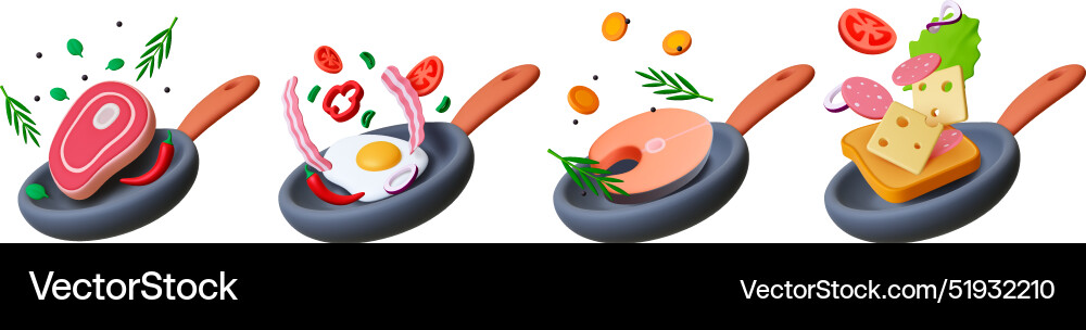 Frying pan 3d element fry meat fish eggs Vector Image