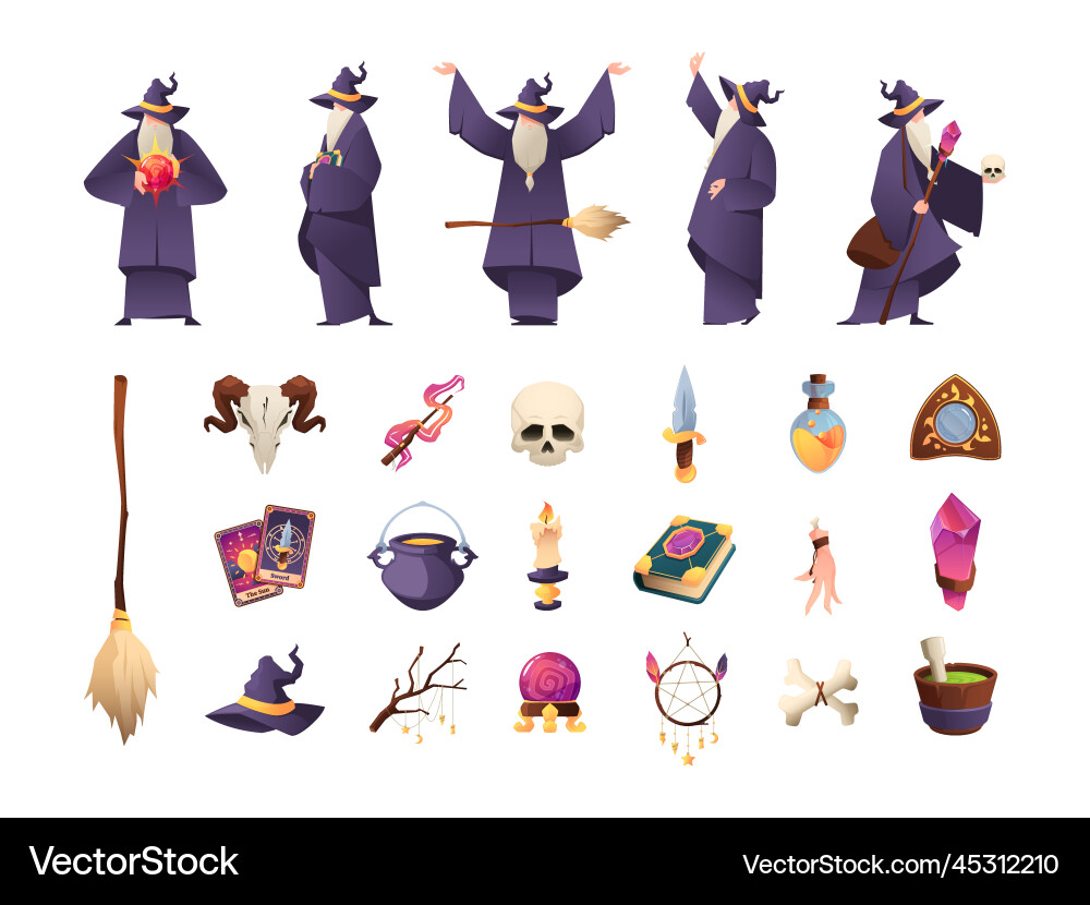 Magician tools various old wizards characters Vector Image