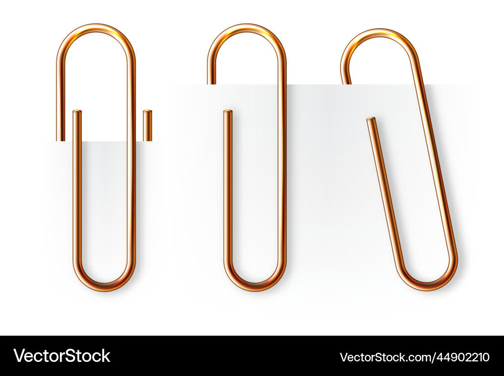 Realistic copper paperclip attached to paper Vector Image