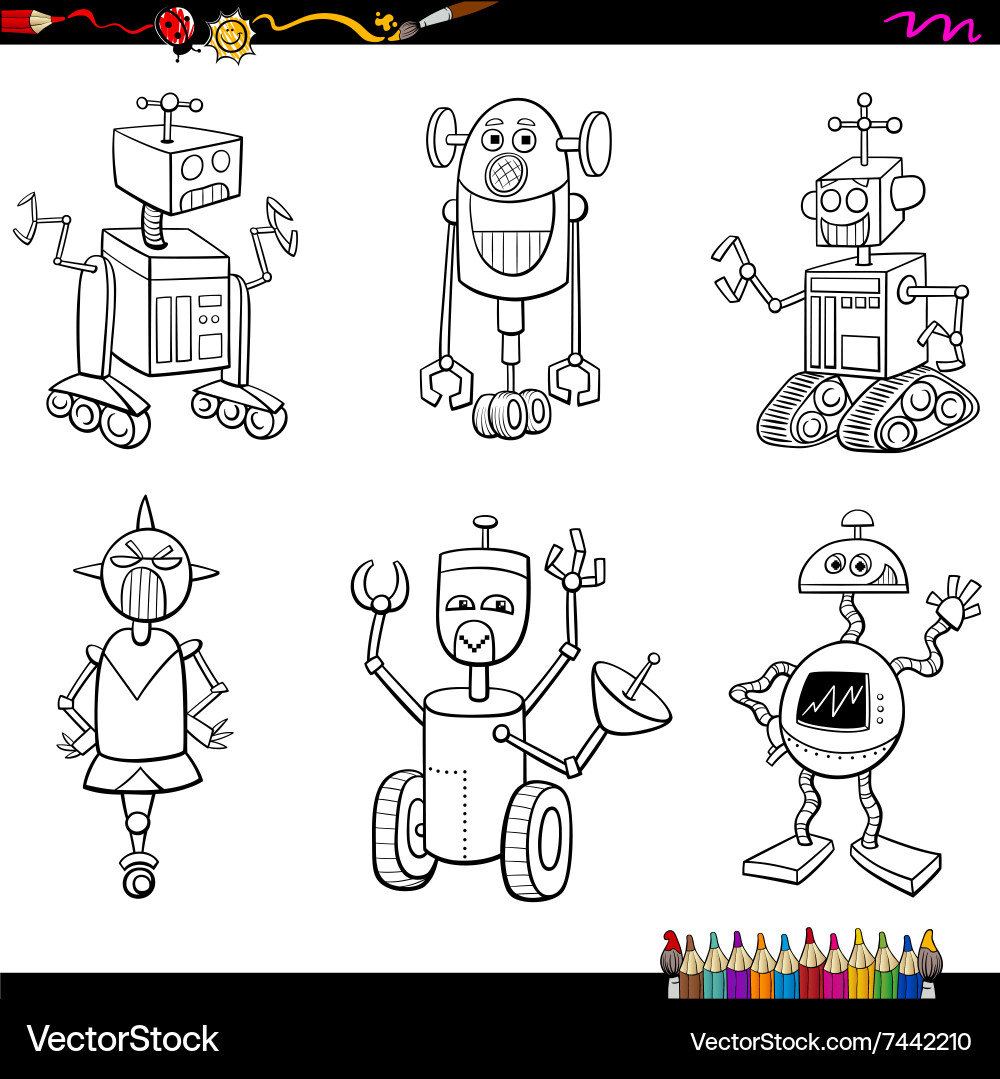 Robot characters coloring page Royalty Free Vector Image