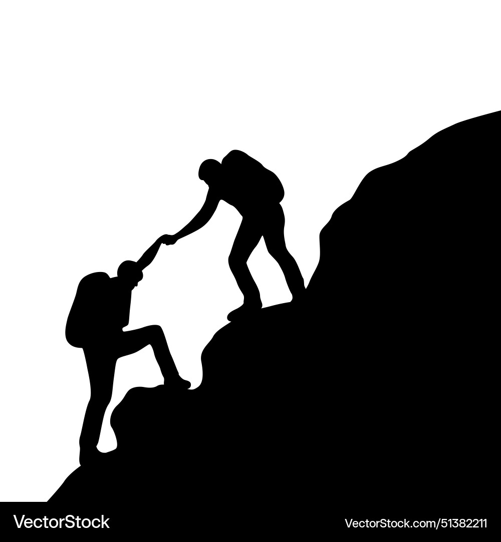 Two people climbing on mountain and helping Vector Image