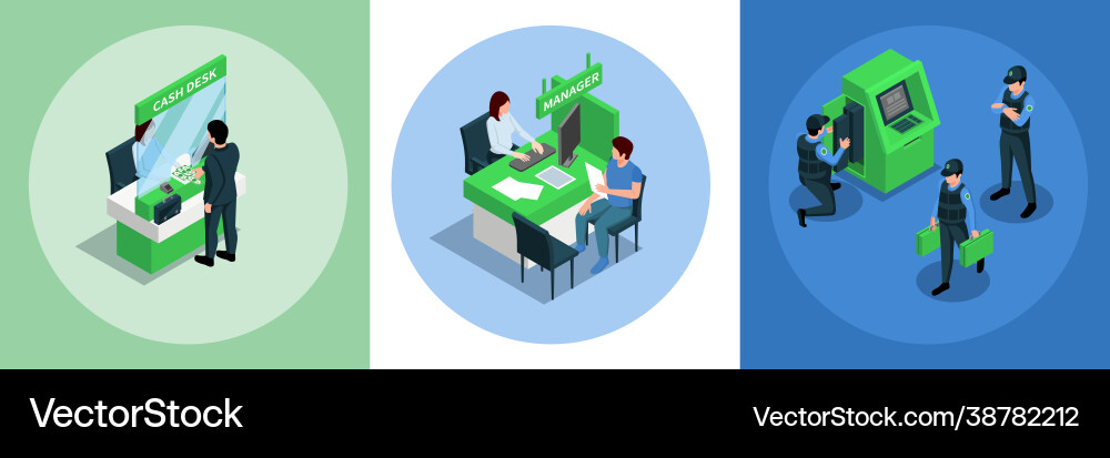 Bank branch isometric compositions Royalty Free Vector Image
