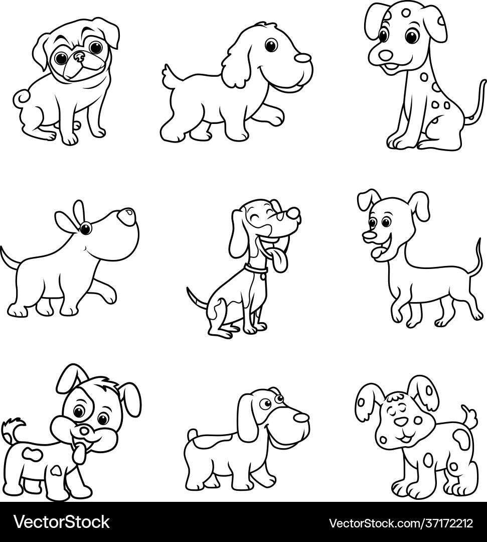 Set cartoon dogs black line drawing Royalty Free Vector