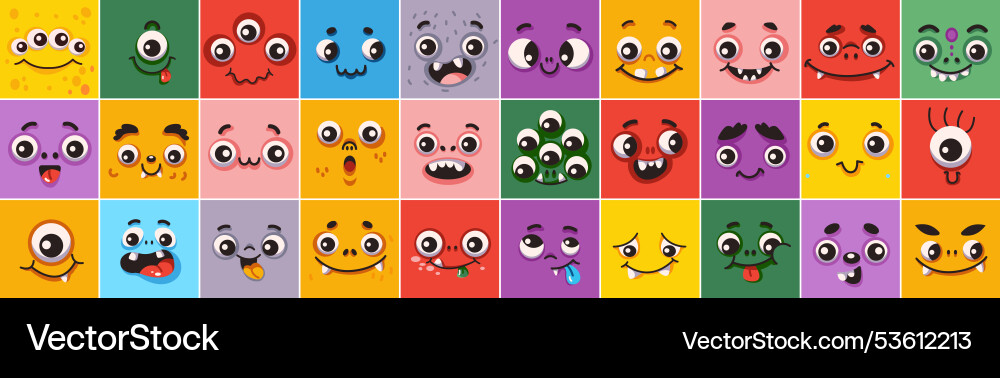 Childish monsters faces in multicolor squares Vector Image