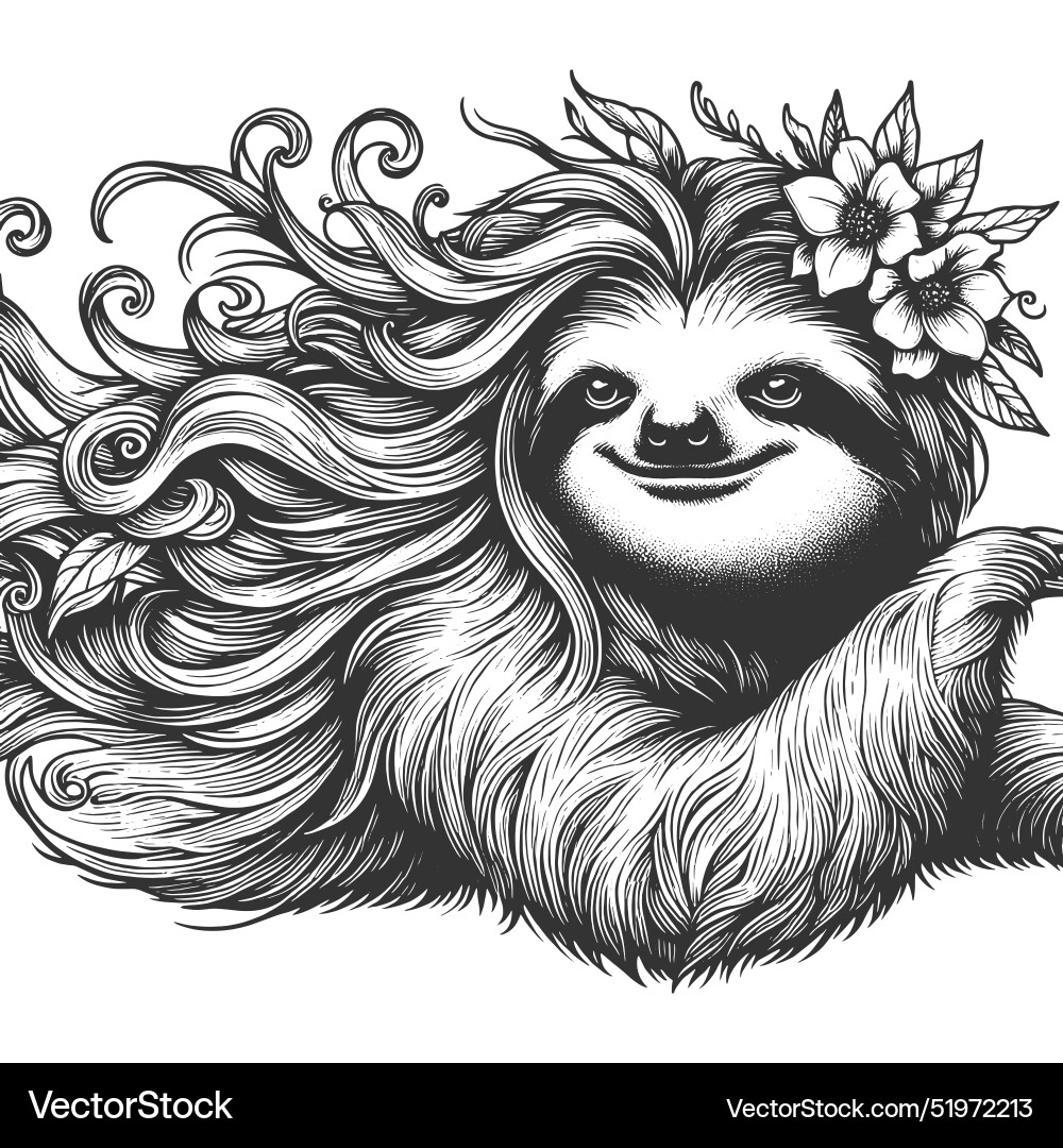 Whimsical sloth with flowing hair engraving Vector Image