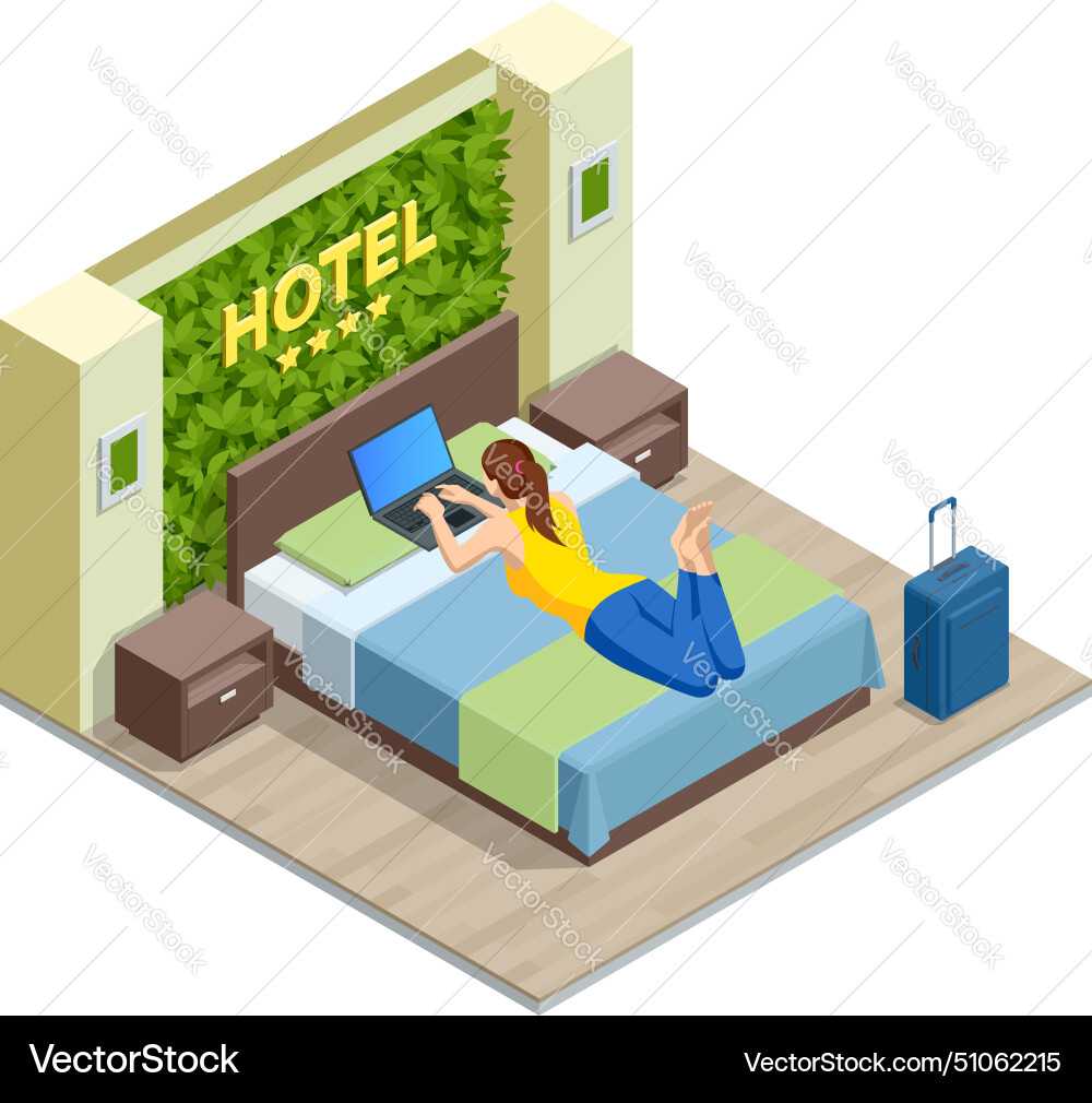 Isometric modern bedroom suite in hotel hotel Vector Image