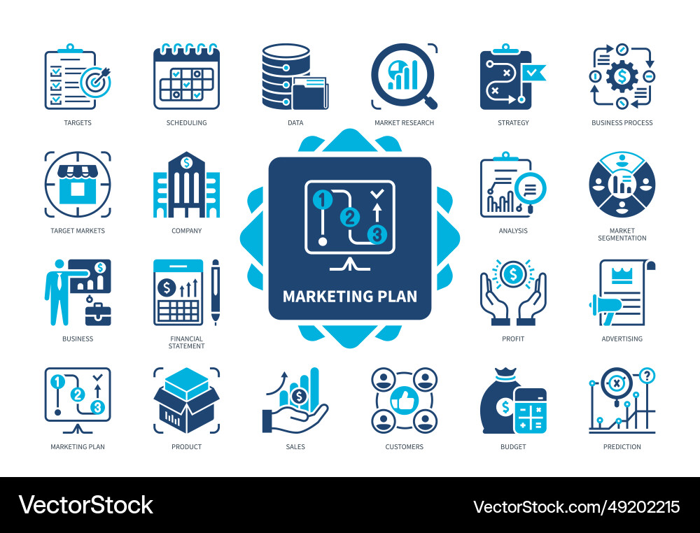 Marketing plan solid icon set Royalty Free Vector Image