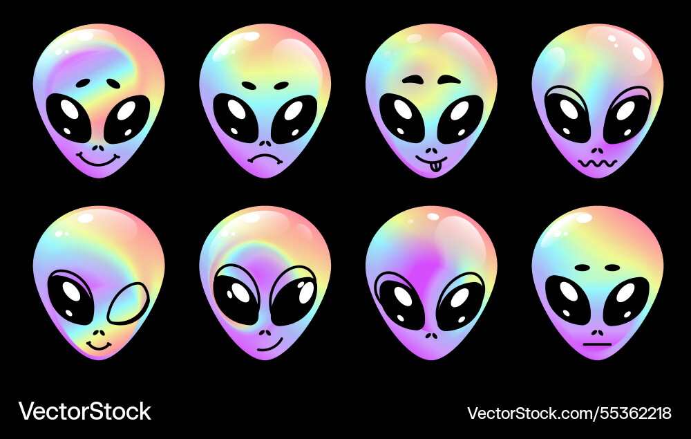 Cute holographic alien faces with different Vector Image