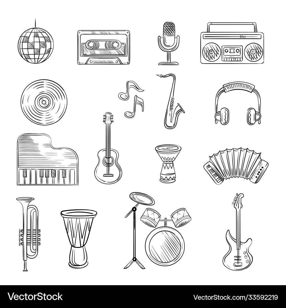 Music items icons set hand drawn sketch Royalty Free Vector