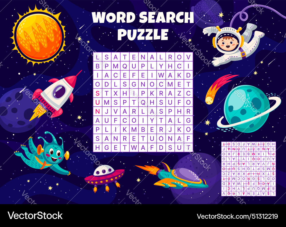 Space word search puzzle game with galaxy planets Vector Image