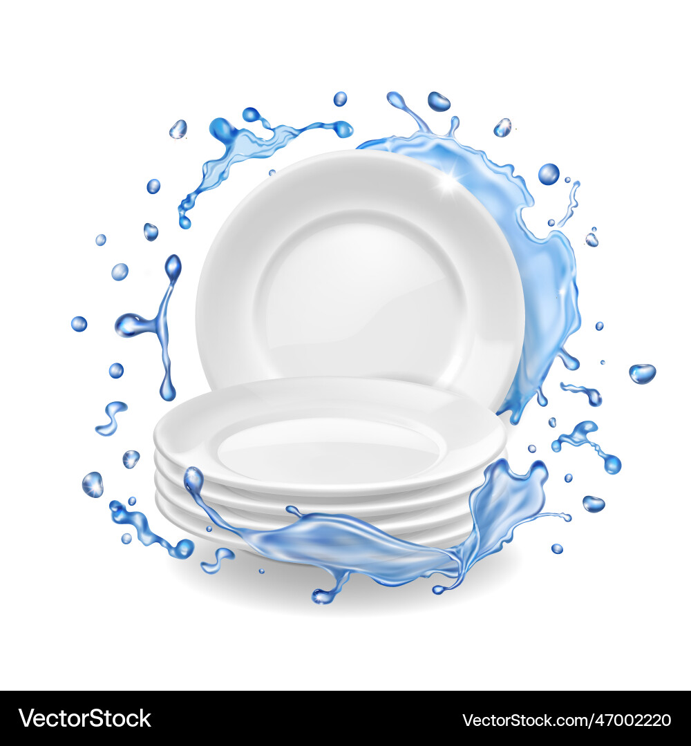 Plates stack in water splash white clean dishes Vector Image