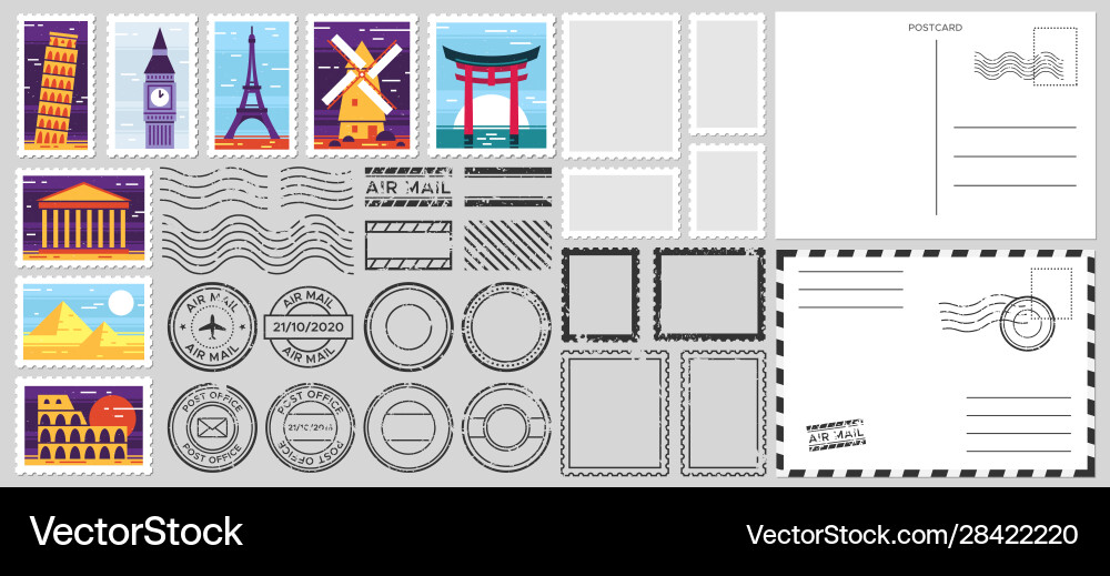 Postage stamps air mail envelope post office Vector Image