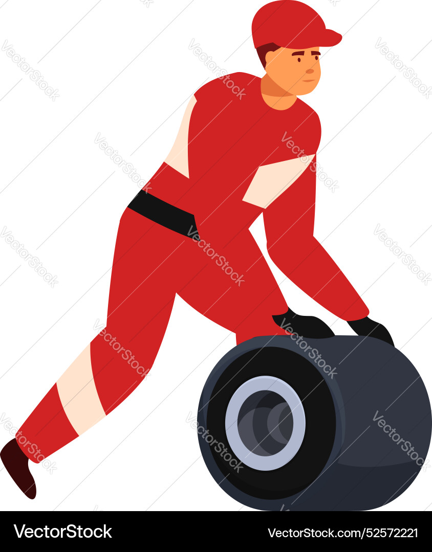 Auto mechanic wearing red uniform pushing big tire