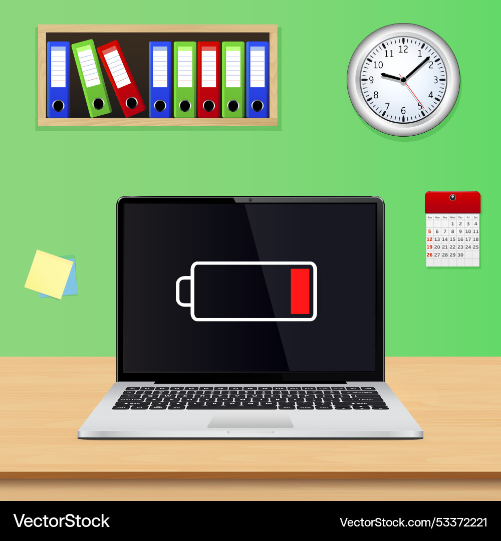 Laptop computer with low battery sign on screen Vector Image