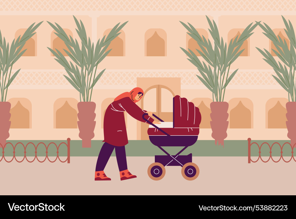 A muslim mother rolls stroller with baby Vector Image