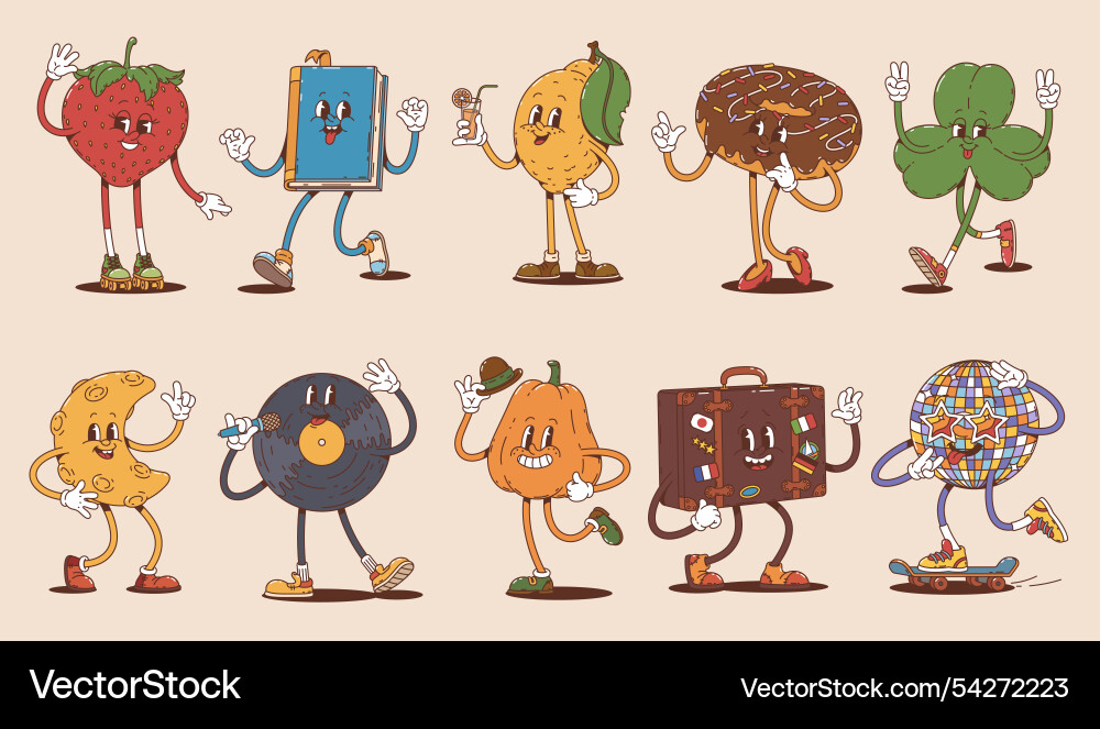 Cartoon retro groovy characters with happy faces Vector Image