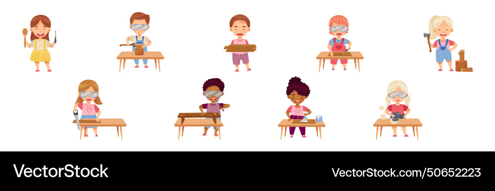 Children at table woodworking making items from Vector Image