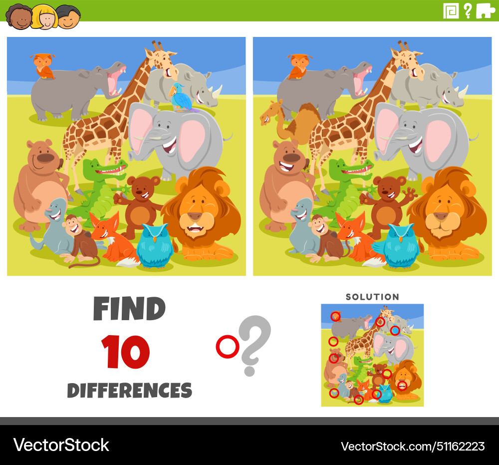 Differences game with cartoon wild animals group Vector Image