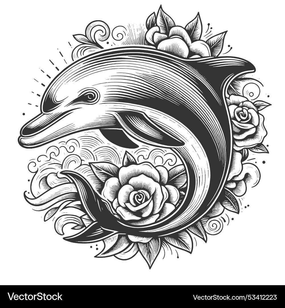 Dolphin and roses tattoo style Royalty Free Vector Image