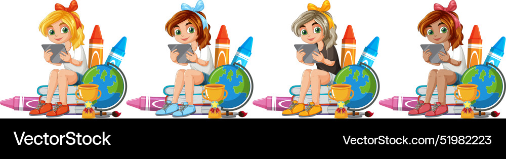 Kids using tablets with school supplies Royalty Free Vector