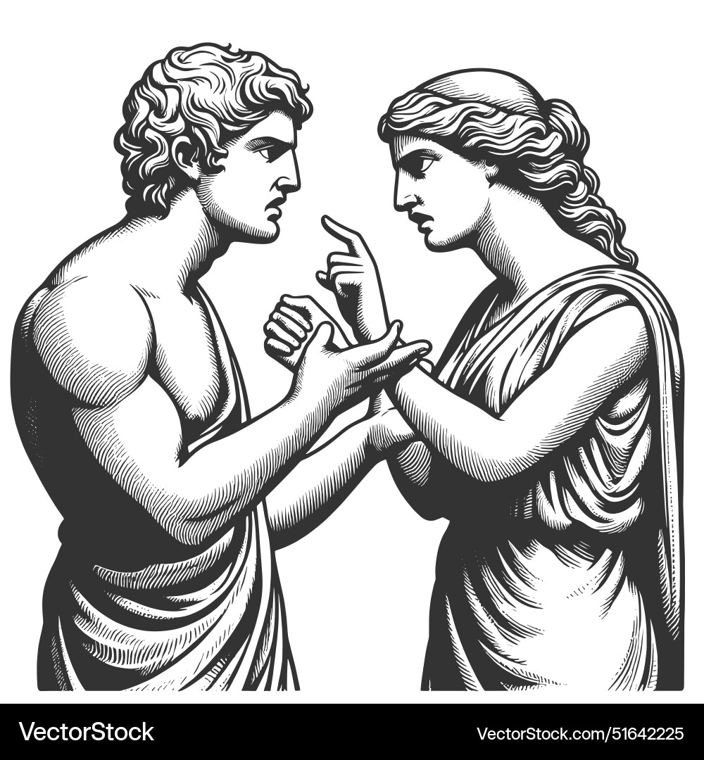 Classical statues arguing engraving sketch Vector Image