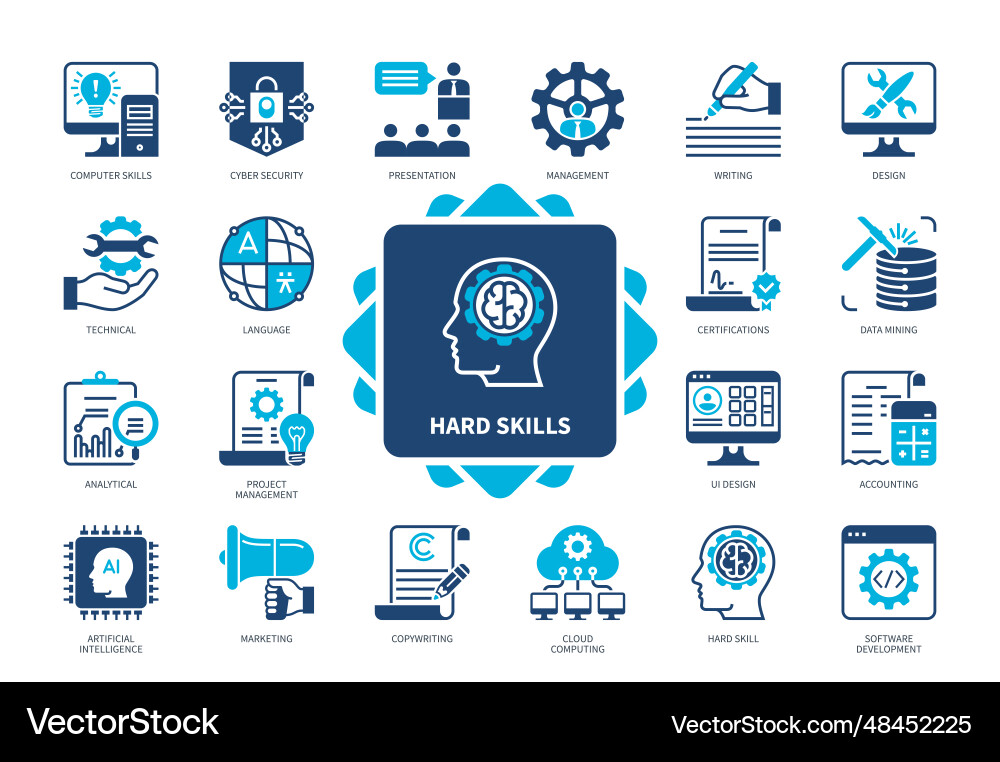 Hard skills solid icon set Royalty Free Vector Image