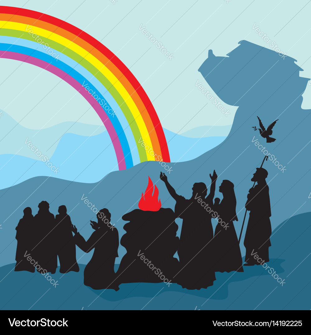 Noah and family see a rainbow Royalty Free Vector Image