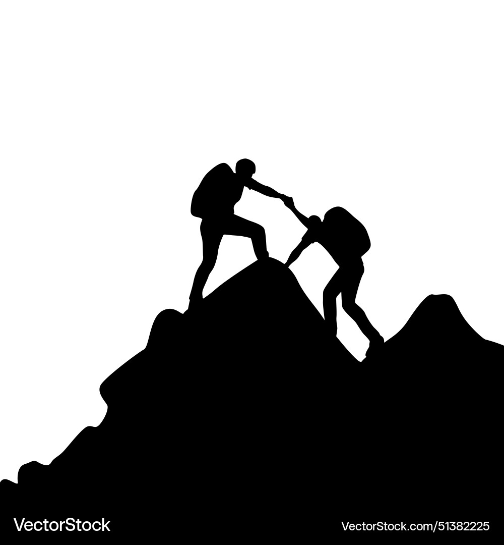 Two people climbing on mountain and helping Vector Image