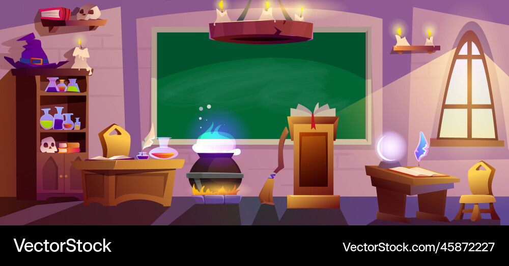 Cartoon magic school classroom with chalkboard Vector Image