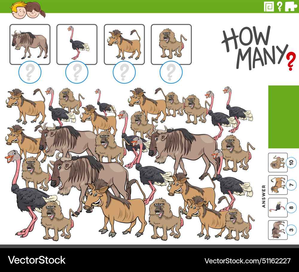 How many counting game with cartoon wild animals Vector Image