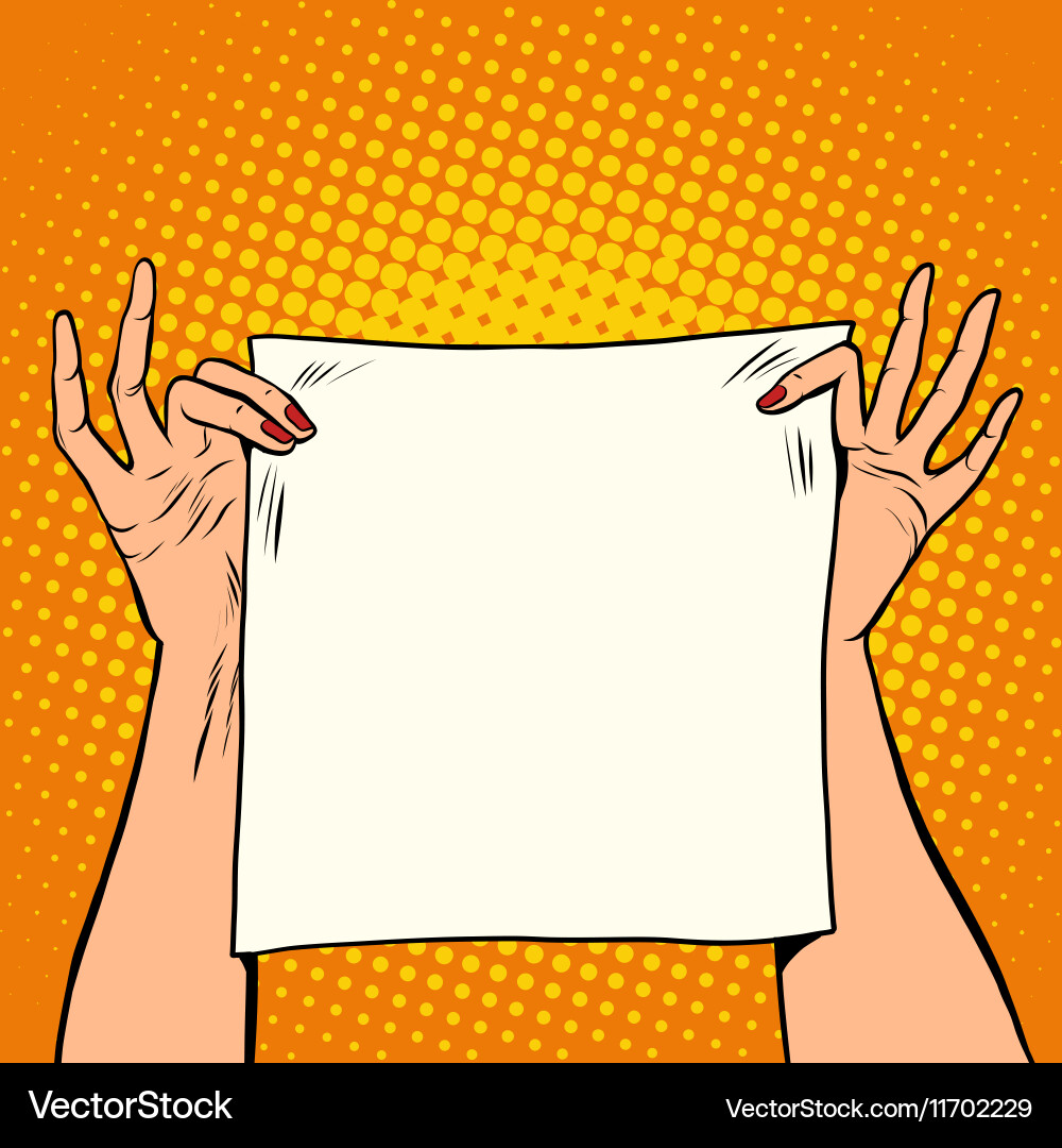 Female hands holding a white square banner Vector Image